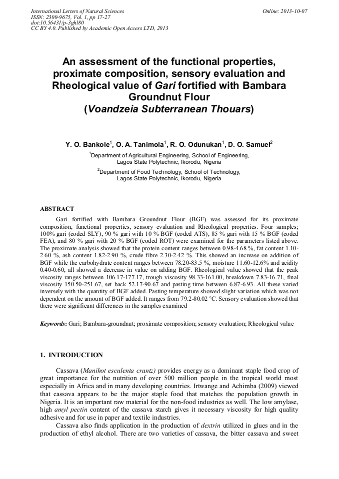 An Assessment of the Functional Properties, Proximate Composition, Sensory Evaluation and ...