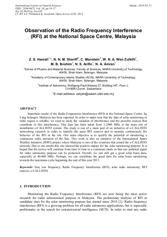 Observation of the Radio Frequency Interference (RFI) at the National ...
