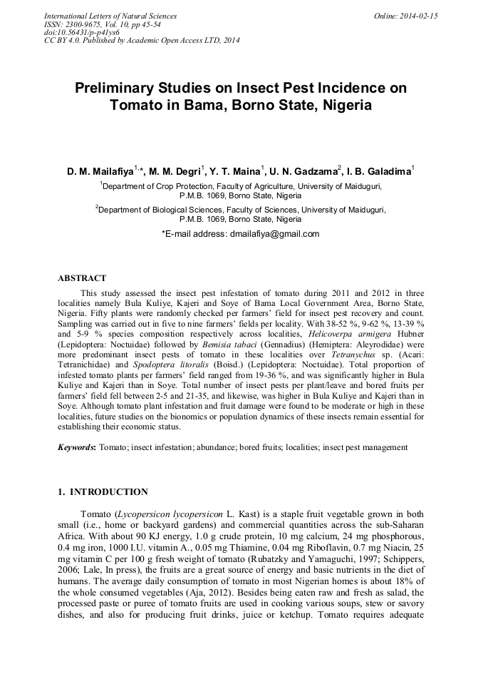 Preliminary Studies on Insect Pest Incidence on Tomato in Bama, Borno ...