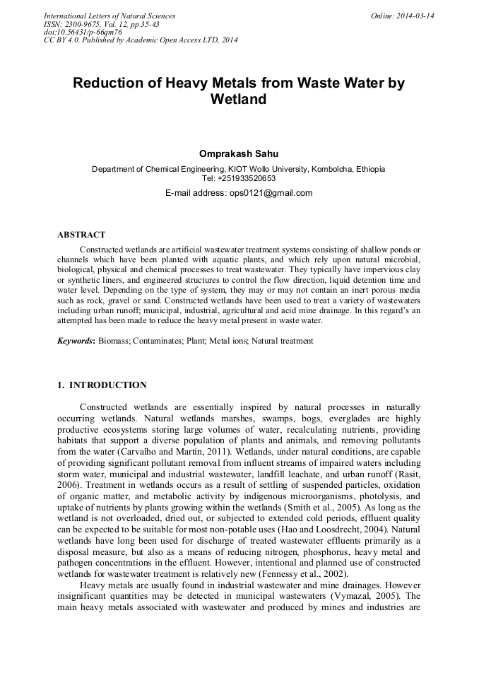 Reduction of Heavy Metals from Waste Water by Wetland | AcademicOA.com