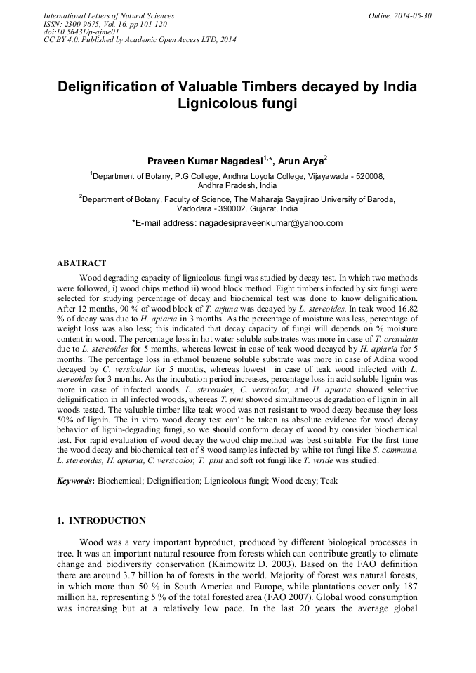 Delignification of Valuable Timbers Decayed by India Lignicolous Fungi ...