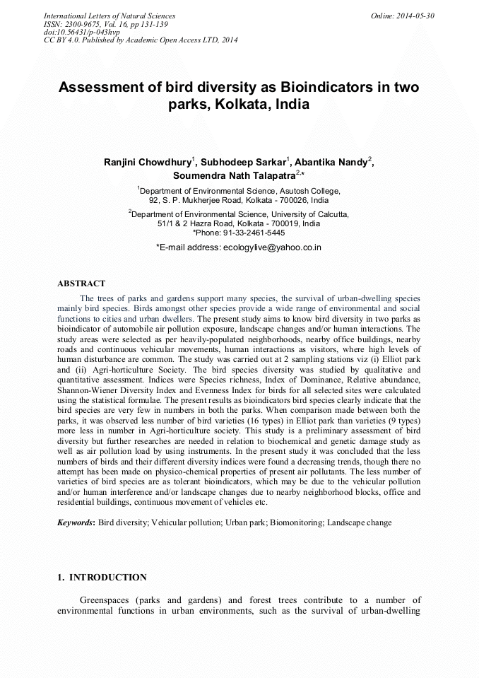 Assessment of Bird Diversity as Bioindicators in Two Parks, Kolkata ...