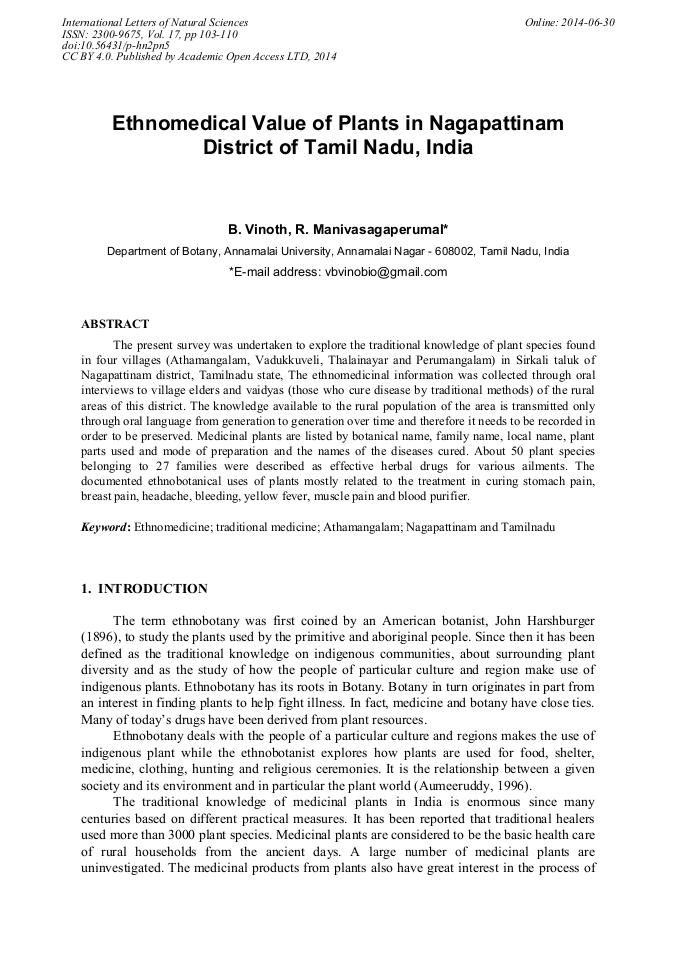 Ethnomedical Value of Plants in Nagapattinam District of Tamil Nadu ...