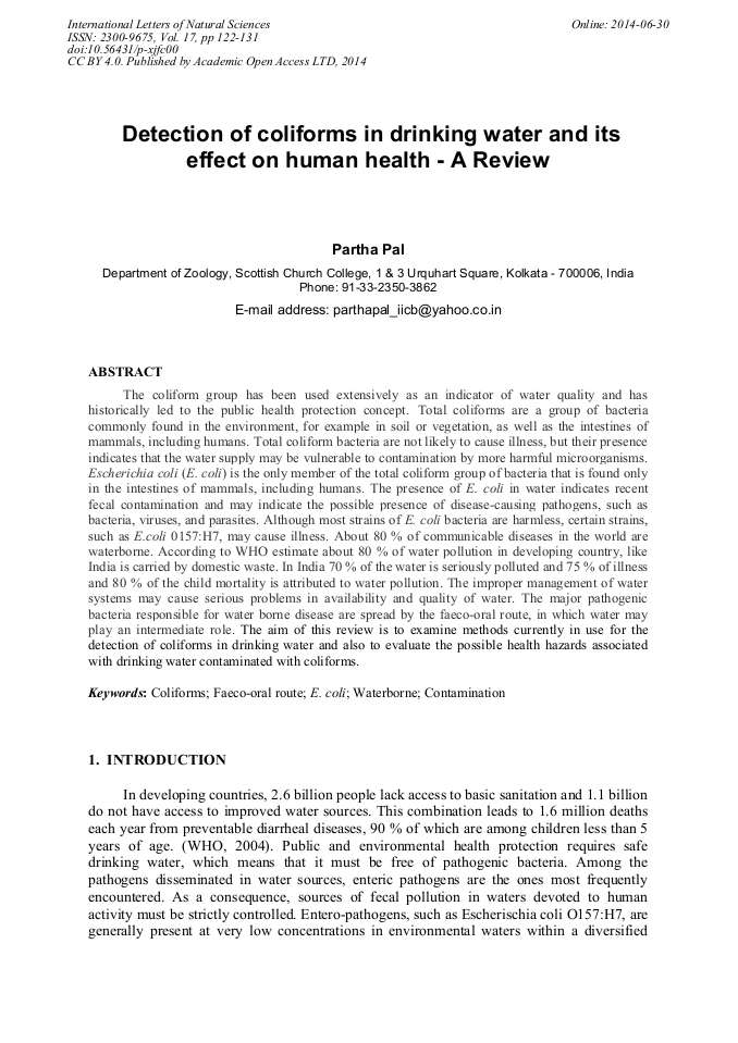 Detection of Coliforms in Drinking Water and its Effect on Human Health ...