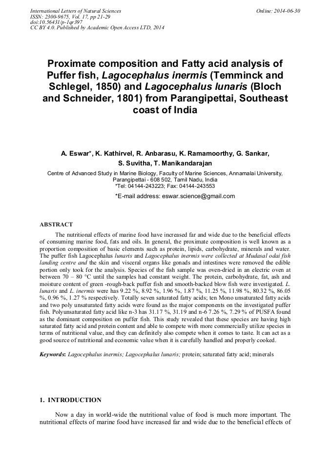 Proximate Composition and Fatty Acid Analysis of Puffer Fish ...