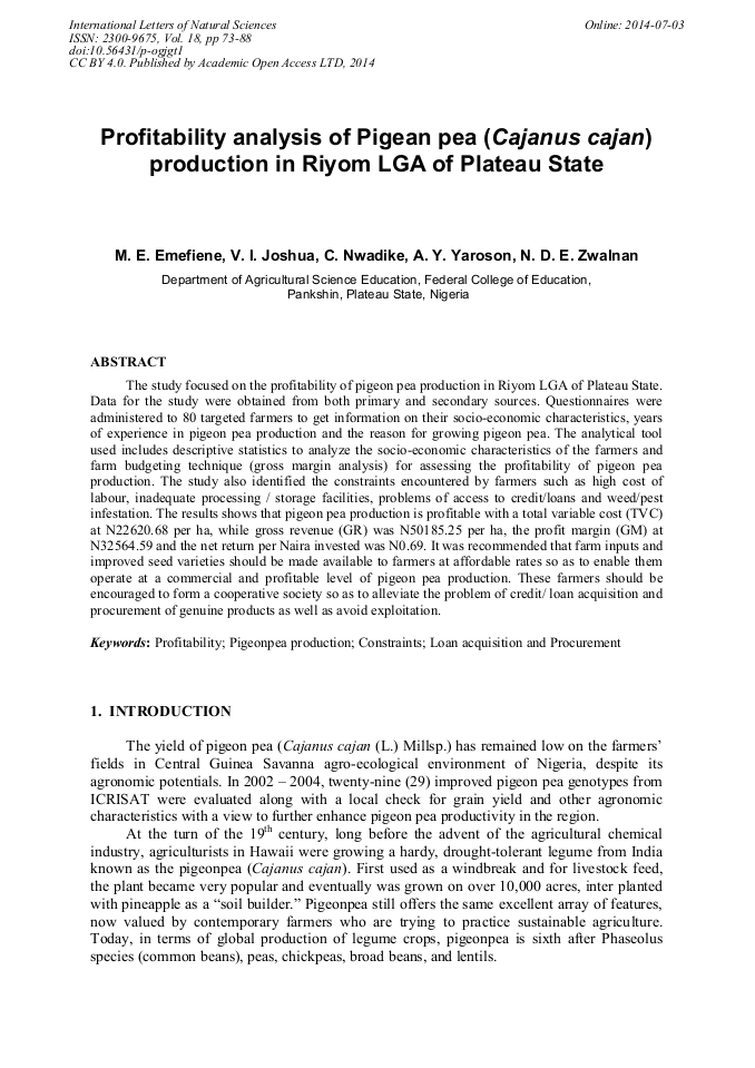 Profitability Analysis of Pigean Pea (Cajanus cajan) Production in ...