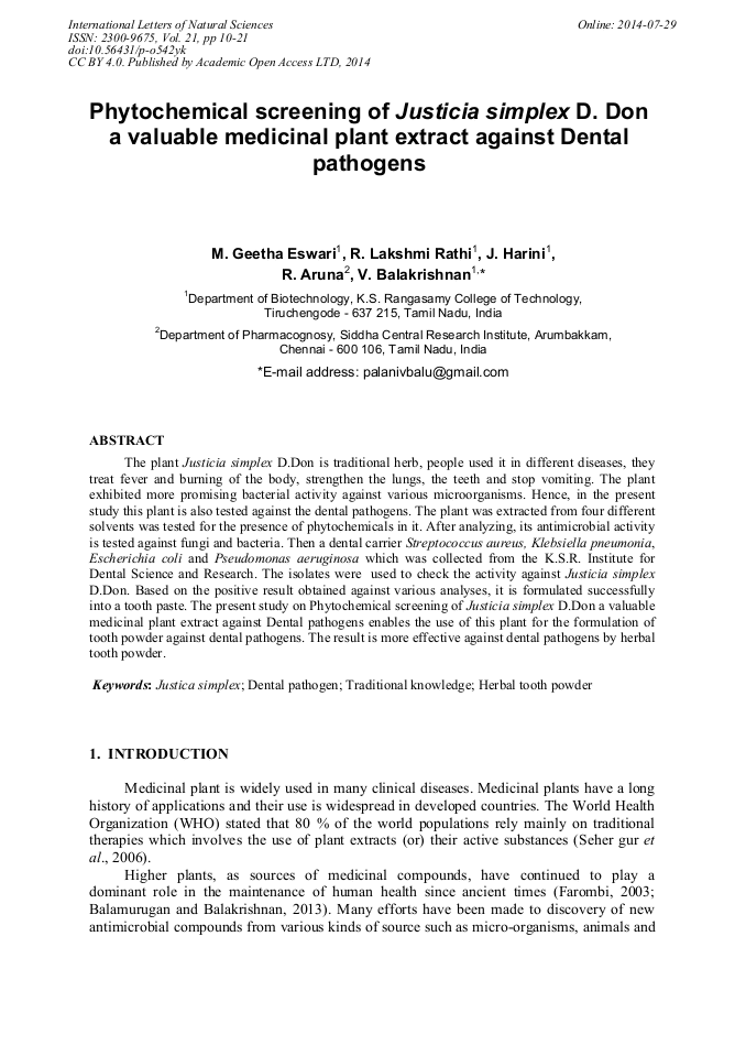 Phytochemical Screening of Justicia simplex D. Don a Valuable Medicinal ...
