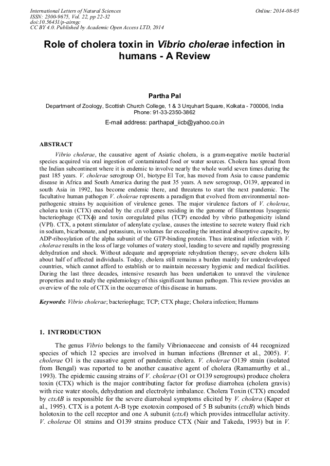 Role of Cholera Toxin in Vibrio cholerae Infection in Humans - A Review ...