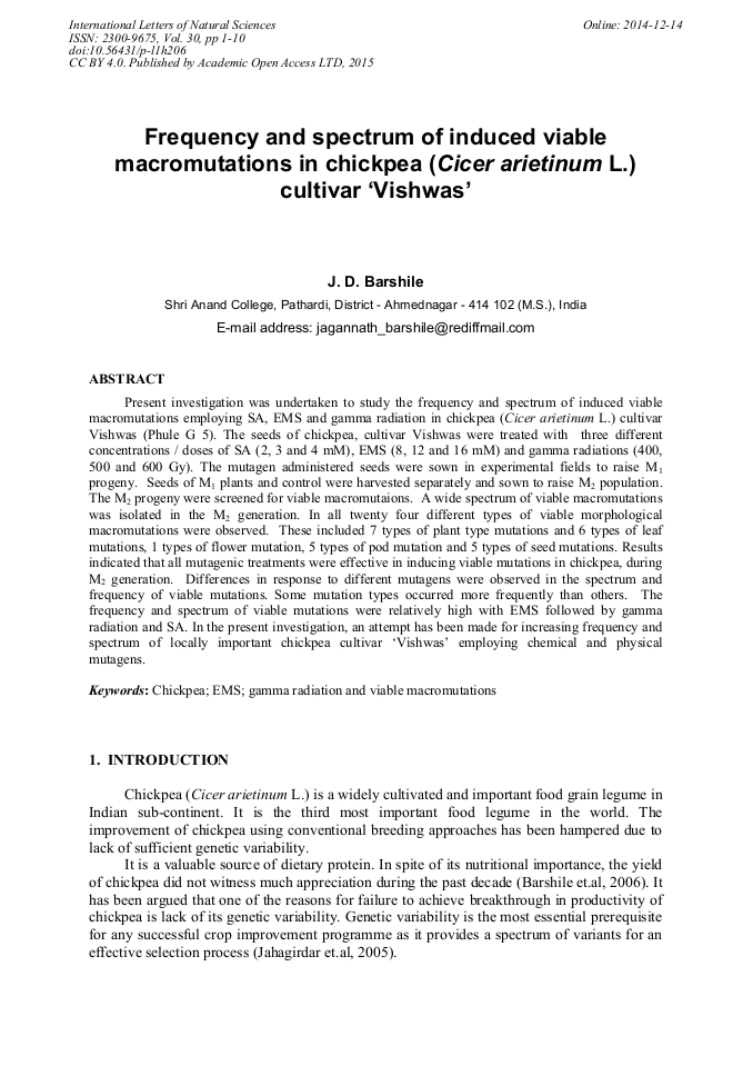 Frequency and Spectrum of Induced Viable Macromutations in Chickpea ...
