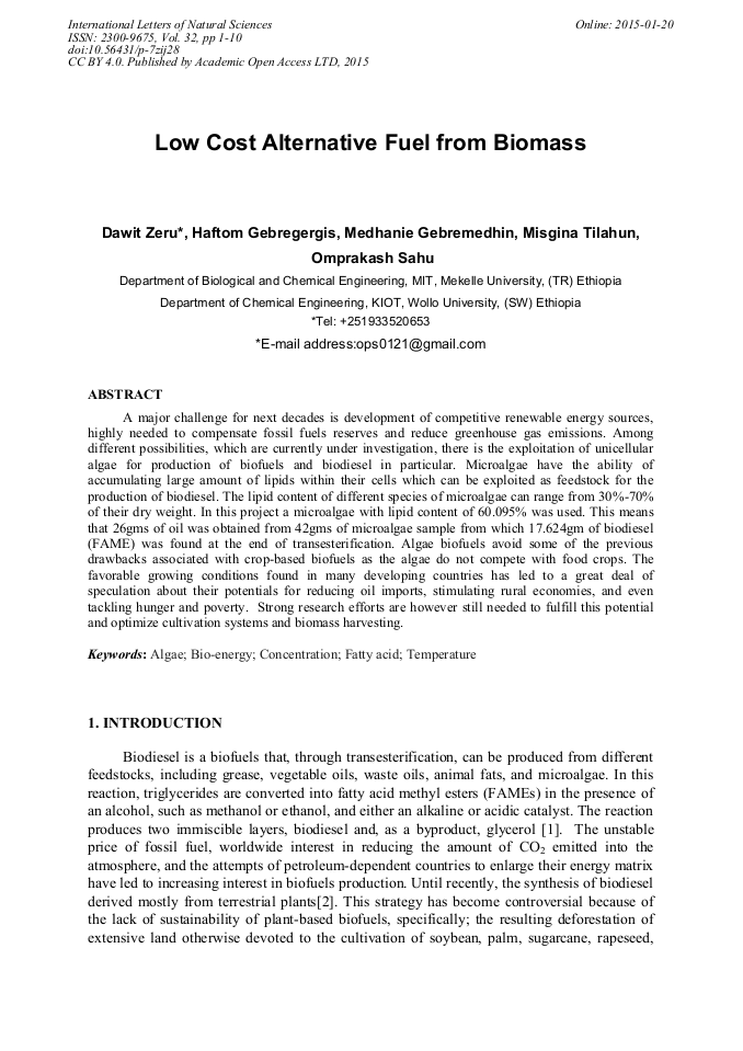 Low Cost Alternative Fuel from Biomass | AcademicOA.com