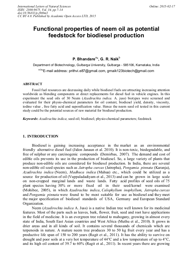 Functional Properties of Neem Oil as Potential Feedstock for Biodiesel ...