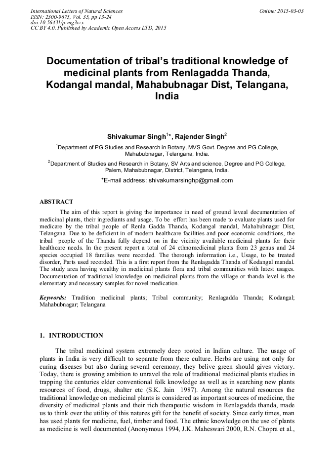 Documentation of Tribal’s Traditional Knowledge of Medicinal Plants ...