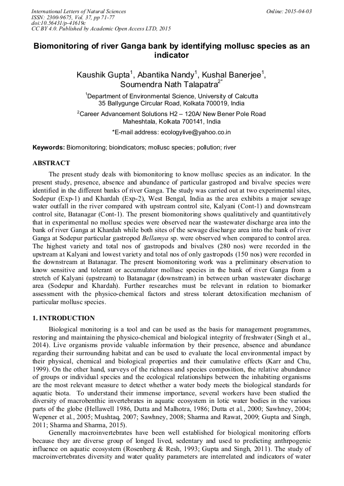 Biomonitoring of River Ganga Bank by Identifying Mollusc Species as an ...