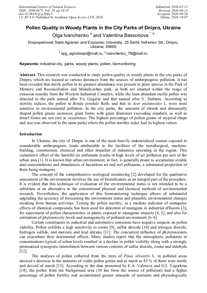 Pollen Quality in Woody Plants in the City Parks of Dnipro, Ukraine ...