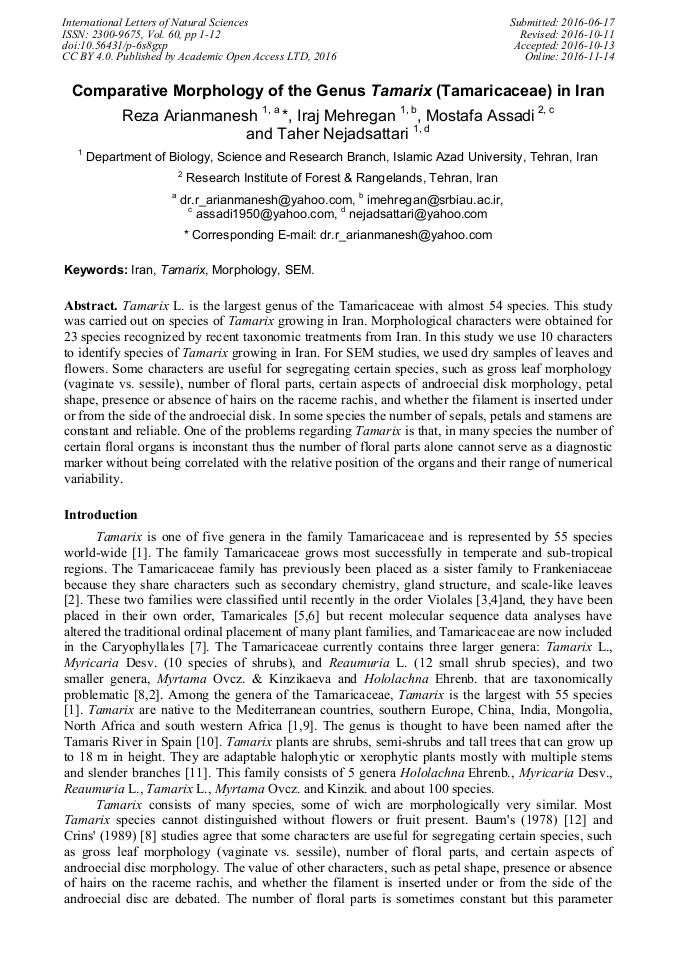 Comparative Morphology of the Genus Tamarix (Tamaricaceae) in Iran ...