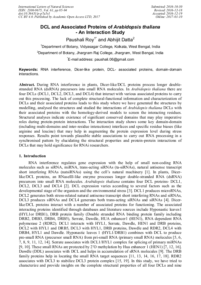 DCL and Associated Proteins of Arabidopsis thaliana - An Interaction ...