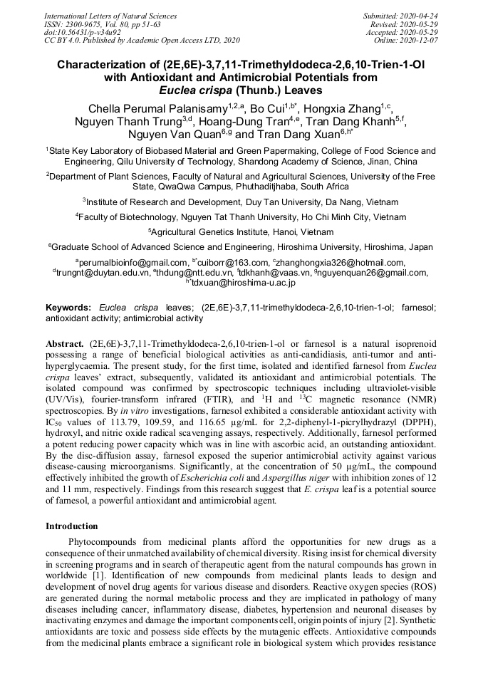 Characterization of (2E,6E)-3,7,11-Trimethyldodeca-2,6,10-Trien-1-Ol with Antioxidant and ...