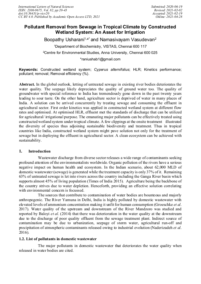 Pollutant Removal from Sewage in Tropical Climate by Constructed ...